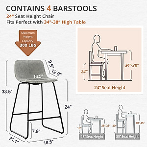 LUE BONA Bar Stools Set of 4, 24" ALX Faux Leather Barstools, Modern Counter Height Stools with Back and Metal Legs, Armless Counter Chairs for Kitchen Island, Grey