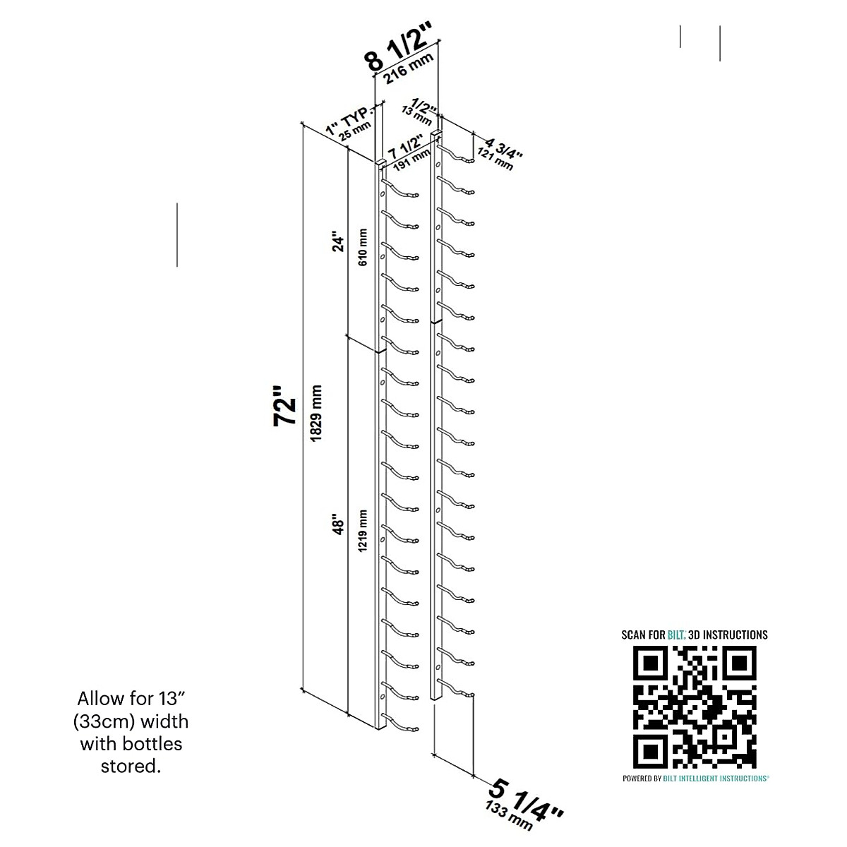 VintageView W Series (6 Ft) - 18 Bottle Wall Mounted Wine Bottle Rack Kit (Satin Black) Stylish Modern Wine Storage with Label Forward Design