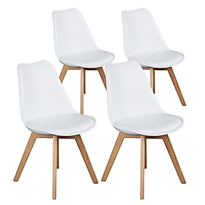 OLIXIS Set of 4 Dining Kitchen Mid-Century Modern Chairs with Wood Legs and PU Leather Cushion for Living Room Bedroom Outdoor Lounge, White