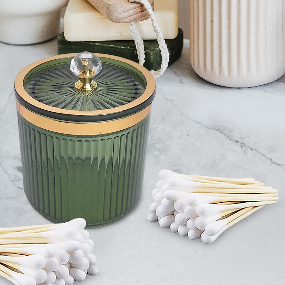 Amagogo Bathroom Qtip Dispenser Jar Swab Holder Canister with Lid Dustproof Makeup Pads Container for Countertop Restroom Dresser Desktop Home , Green