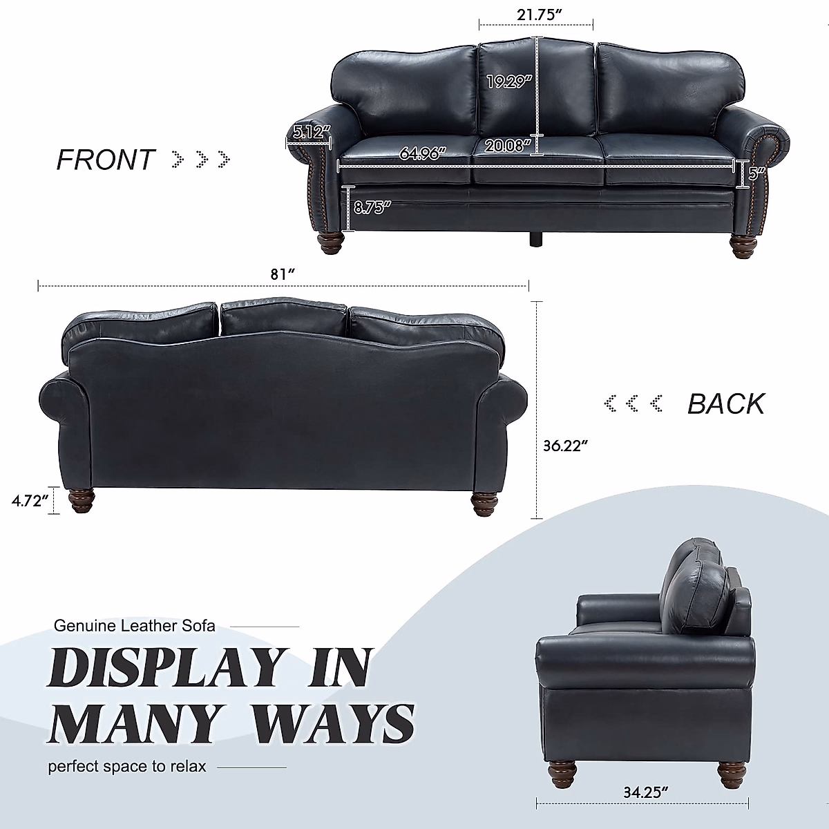 HULALA HOME 81'' Upholstered Leather Sofa with Removable Cushion, Mid-Century Modern Living Room 3-Seater Couch, Full Grain Leather Couch with Nailhead Trim and Rolled Arm for Bedroom Apartment, Navy