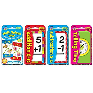Trend Enterprises: Math Power Pack, 4 Flash Card Set Includes Math Splash War, Addition 0-12, Subtraction 0-12, Telling Time Flash Cards, Self-Checking Design, for Ages 3 and Up