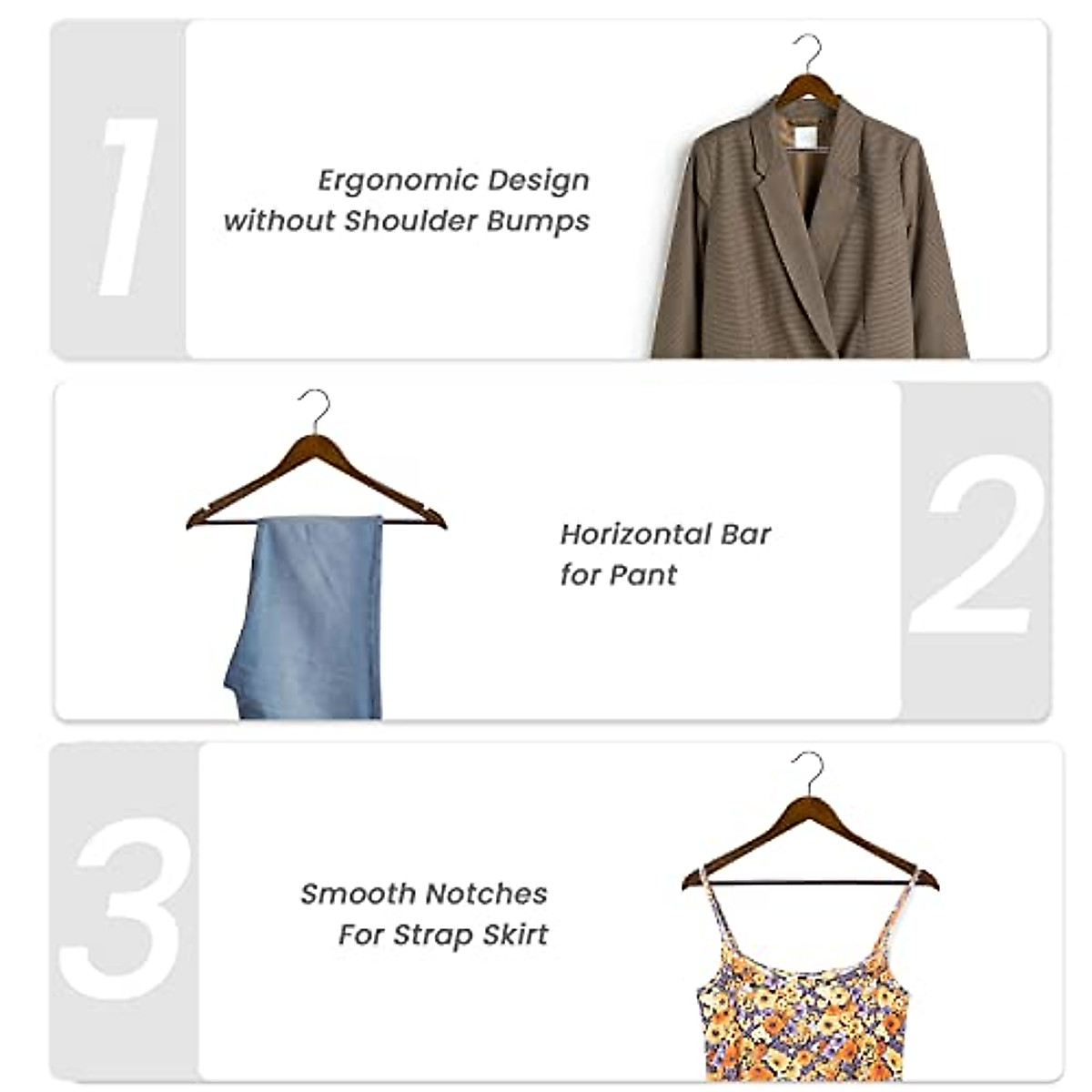 Nature Smile Wooden Suit Hangers 20 Pack Premium Solid Wood Coat Clothes Hangers with Non Slip Bar - Smooth Finish with 360° Swivel Hook and Smooth Notches for Camisole Jacket Pant Dress Retro Color