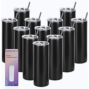 Wzaytia 12 Pack 20 Oz Straight Skinny Tumblers,Individually Gift Boxed Stainless Steel Slim Skinny Tumbler Set Bulk, 20 Oz Insulated Slim Thin Travel Tumbler Cup for Diy, Black