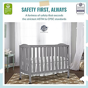 Dream On Me 3 in 1 Portable Folding Stationary Side Crib in Steel Grey, Greenguard Gold Certified, Safety Wheels with Locking Casters, Convertible, 3 Mattress Heights