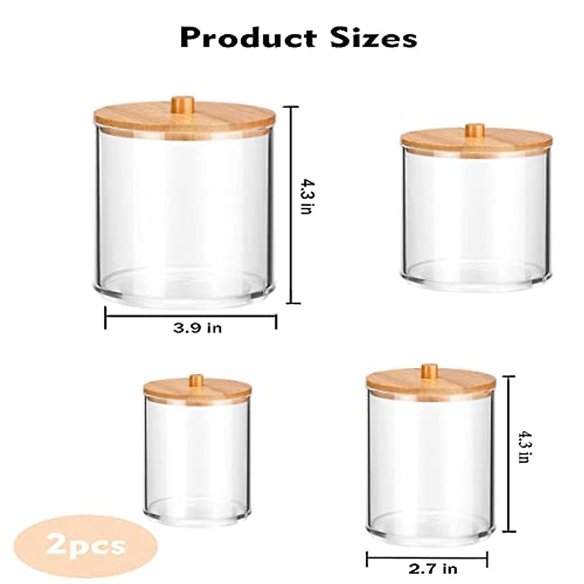 BAOFUFU 2 Pieces Acrylic Qtip Holder with Bamboo Lids, Clear Round Apothecary Jars Bathroom Organizer for Cotton Swab Ball Holds Bathroom Jars Dispenser Restroom Storage 15/20 Ounce