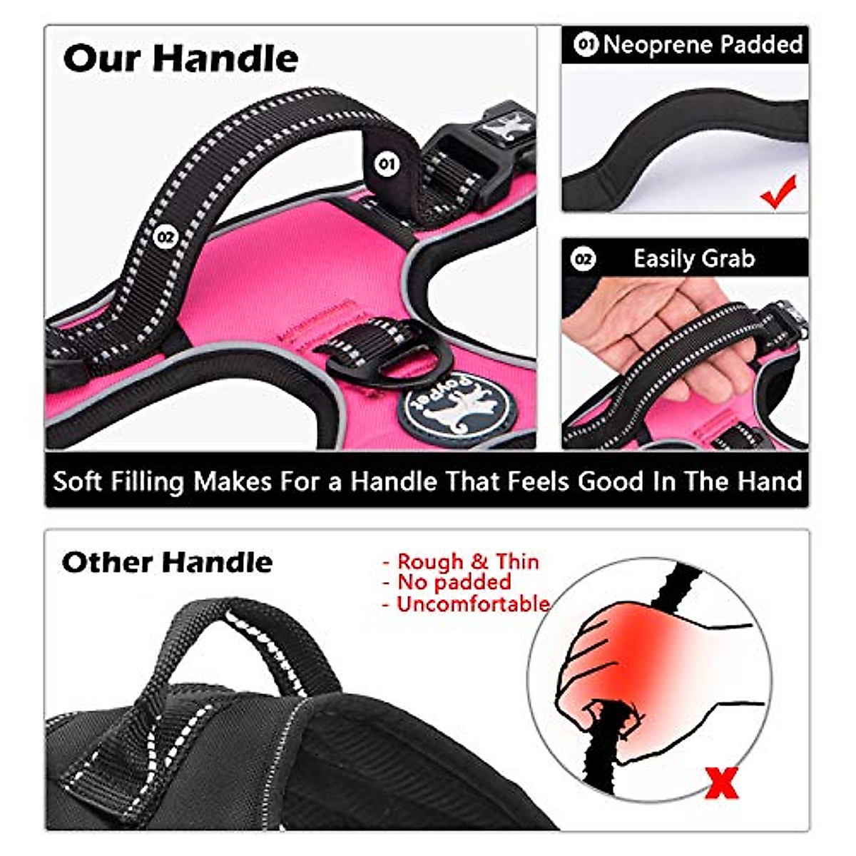 PoyPet No Pull Dog Harness, No Choke Front Clip Dog Reflective Harness, Adjustable Soft Padded Pet Vest with Easy Control Handle for Small to Large Dogs(Pink,M)