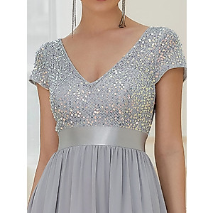 Ever-Pretty Women's Sequin V-Neck A-line Short Sleeves Empire Waist Maxi Evening Party Dress Silver US16