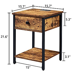 SUPERJARE Nightstand with Charging Station and USB Ports Set of 2, Side Table End Table with Drawer, Open Storage Shelf and Steel Frame, Bedside Table for Small Spaces, Rustic Brown