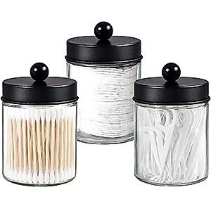 3 Pack Apothecary Jar Canisters Bathroom Vanity Organizer - Qtip Holder Storage Organizer Set Countertop Canister with Stainless Steel Lids &Cute Stickers for Qtips,Cotton Swabs,Makeup Sponges,Floss (Black)