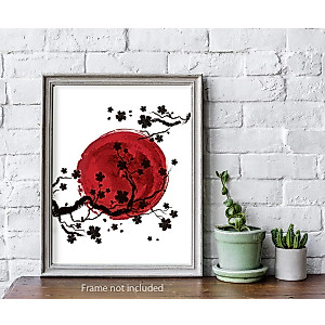 Cherry Blossom Wall Art Poster - Unframed 8x10 in - Beautiful Decorations Posters for Living Room - Pictures with Floral Pattern for Bedroom Decor - Black & White & Red Pics for Woman