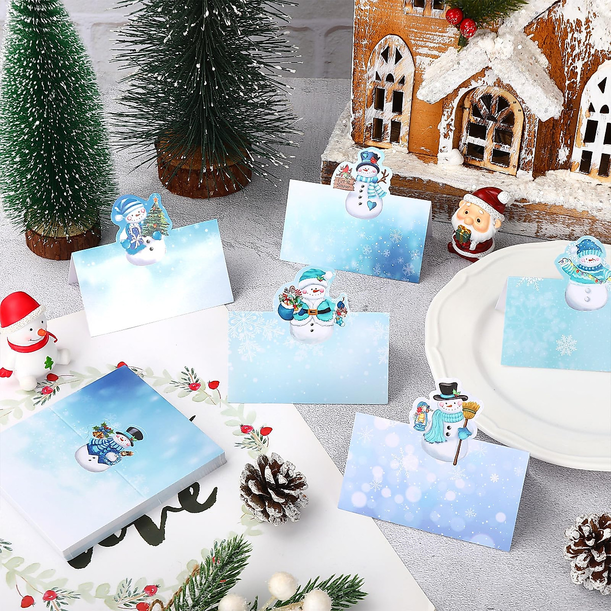 Whaline 90Pcs Christmas Place Cards 2 x 3.5 Inch Blue Purple Snowman Snowflake Tent Name Cards Blank Seat Assignment Labels for Winter Xmas Party Table Setting Supplies