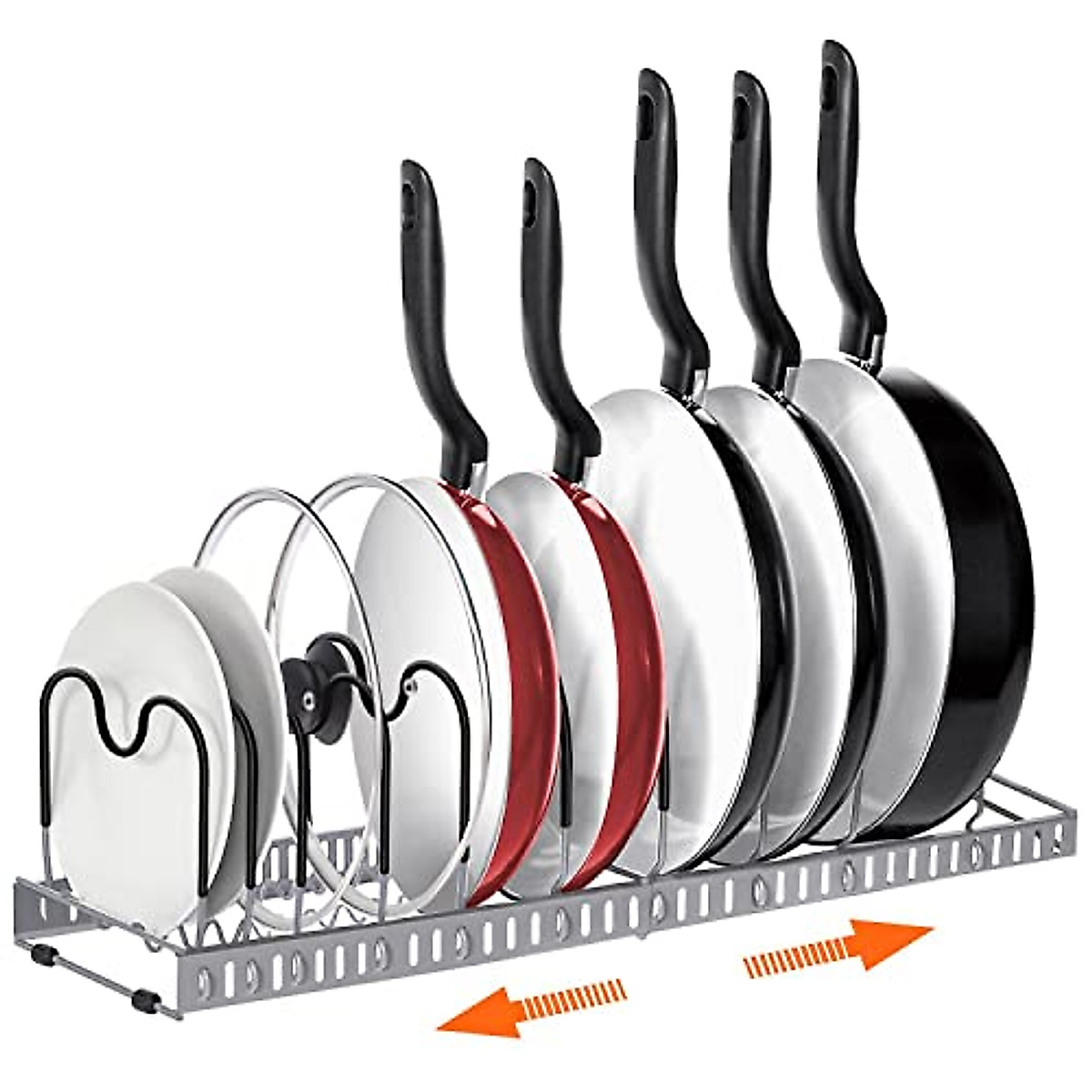 AHNR Expandable Pot and Pan Organizers Rack, 10+ Pans and Pots Lid Organizer Rack Holder, Kitchen Cabinet Pantry Bakeware Organizer Rack Holder with 10 Adjustable Compartments (Grey)