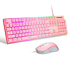 MageGee Gaming Keyboard and Mouse Combo, True RGB Backlit Membrane Office Keyboard, 104 Keys Metal Panel USB Quiet Wired Keyboard for Windows Laptop PC - Pink