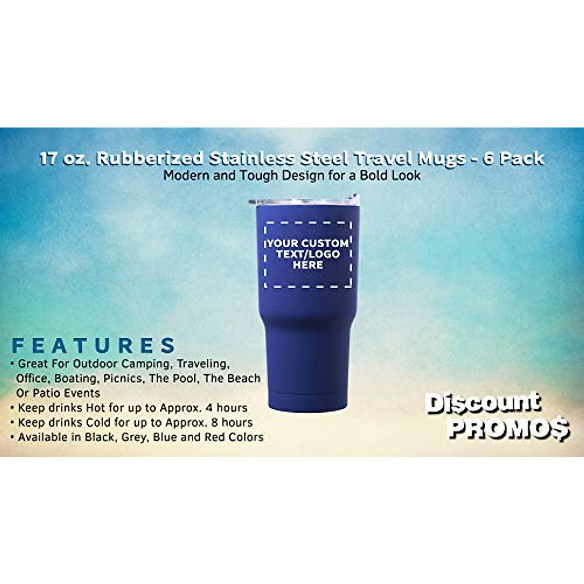 Personalized 17 oz. Rubberized Stainless Steel Travel Mugs - 6 Pack - Custom Text, Logo - Blue