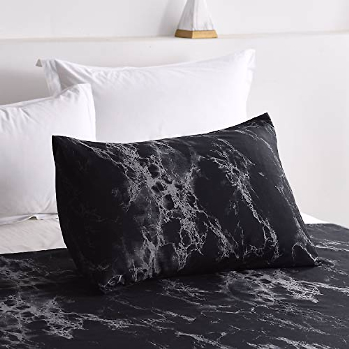 YERVEN Black Marble Duvet Cover Queen Comforter Cover Set Full 90"x90" Duvet Cover with 2 Pillow Shams Microfiber Soft Lightweight Hotel 3 Pieces White Bedding Set