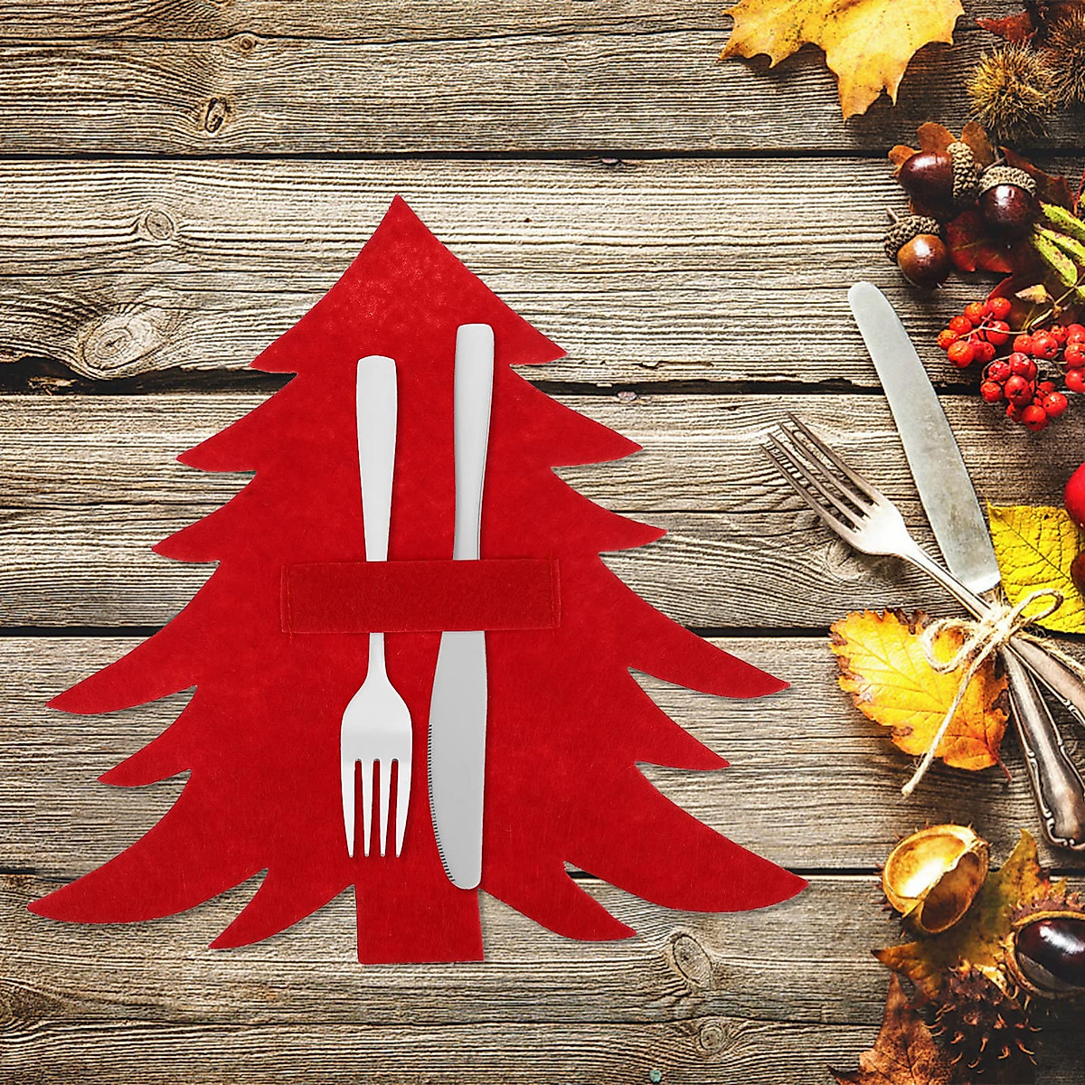 Amosfun 12pcs Christmas Tableware Holders Knifes Forks Bag Christmas Tree Silverware Pouch Pockets Christmas Centerpieces Table Decorations Xmas Holiday Party Supplies Favors
