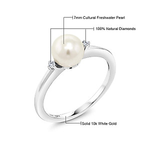 Gem Stone King 10K White Gold 7MM Cultured Freshwater Pearl and White Diamond Engagement Ring | Gold Ring For Women | Available In Size 5, 6, 7, 8, 9