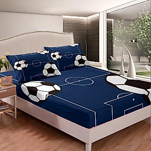 Football Fitted Sheet Twin Size Kids Soccer Ball Pattern Bedding Set for Boys Girls Teens Sports Theme Bed Sheet Set Breathable Football Court Bed Cover Deep Pocket Room Decor