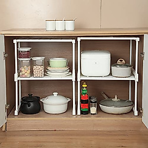 LIYIVNAA Stackable Closet Shelf Expandable Clothes Storage Rack Pantry Cabinet Organizer Wardrobe Divider Separator Stand Shoe Racks for Bathroom, Kitchen, Bedroom, Entryway - White