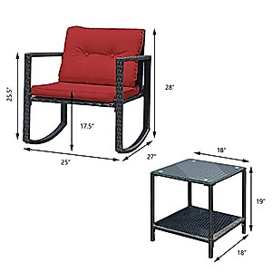 DORTALA 3 Pieces Patio Furniture Set, Rattan Rocking Chair and Glass Coffee Table for Backyard PoolsideOutdoor Wicker Conversation Set w/Cushioned Seat, Set of 3 Patio Bistro Set, Burgundy