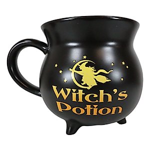 Ebros Wicca Sacred Witch's Potion Reduction Fired Porcelain Black Cauldron Shaped Bowl Or Large Mug 32oz With Handle Hot Cocoa Coffee Tea Cereal Soup Mugs Bowls Occult Witchcraft