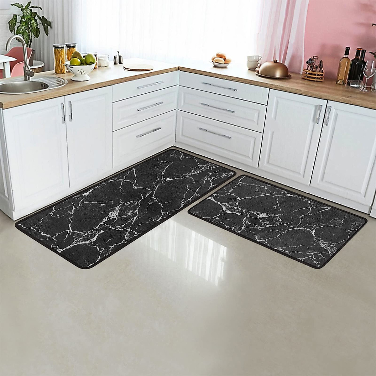 AUUXVA Black Marble Texture Lines Print Kitchen Mats Cushioned Anti Fatigue 2 pcs Set, Memory Foam Kitchen Rugs, Non Slip Washable Area Rug for Floor Sweet Home Decor, 17"x29"+17"x47"
