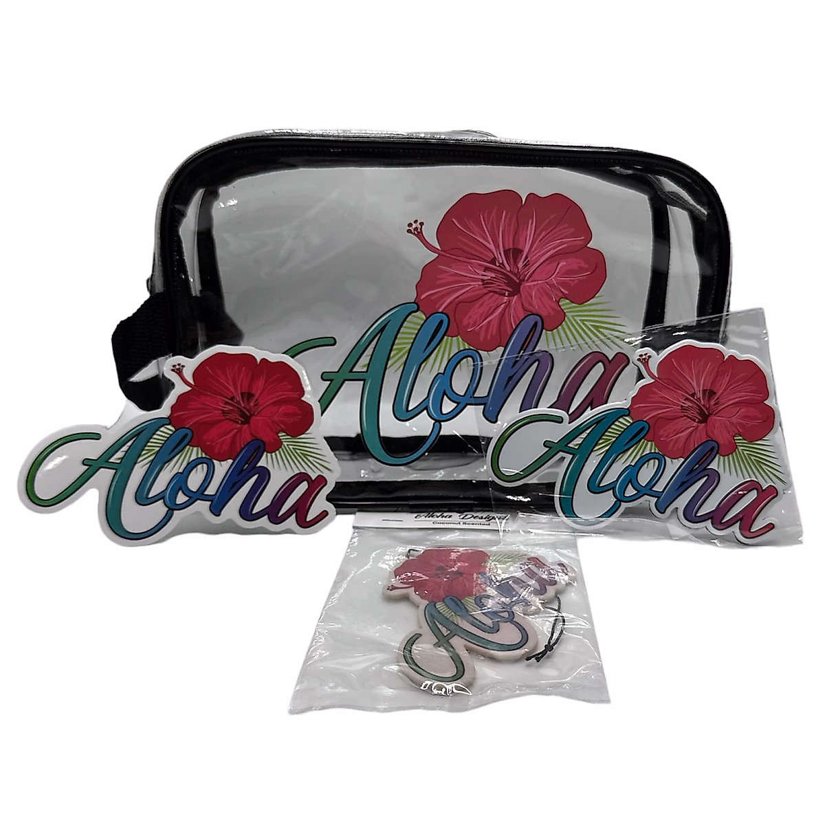 Aloha Designs ALOHA Clear Cosmetic Bag for Women Roomy Makeup Bag Travel Splash-proof Toiletry Bag Accessories Organizer Plus Aloha Gift Kit 1 Aloha Decal, 1 Aloha Magnet & 1 Air Freshener