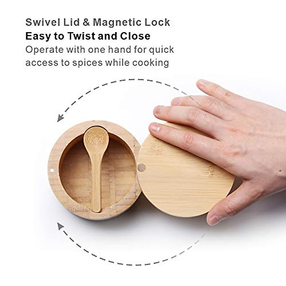 KITCHENDAO Bamboo Salt Cellar Bowl Box Container with Built-in Spoon to avoid Dust, Elegant Kitchen Salt Dish Holder Saver Jar with Swivel Magnetic Lid to Storage Pepper Spice Bath Salt Sea Salt, 6OZ