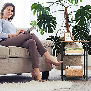 Set of 2 Nightstand, 3 Tier End Table for Small Spaces, Narrow Side Table with Storage Shelf, Bedside Tables for Bedroom, Living Room, Rustic Brown