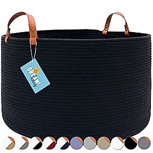 OrganiHaus Black Baskets for Organizing 20x13 | Large Blanket Basket for Living Room | Toy Storage Basket for Kids | Cotton Rope Basket w/Handles | Large Basket for Blankets | Large Storage Basket