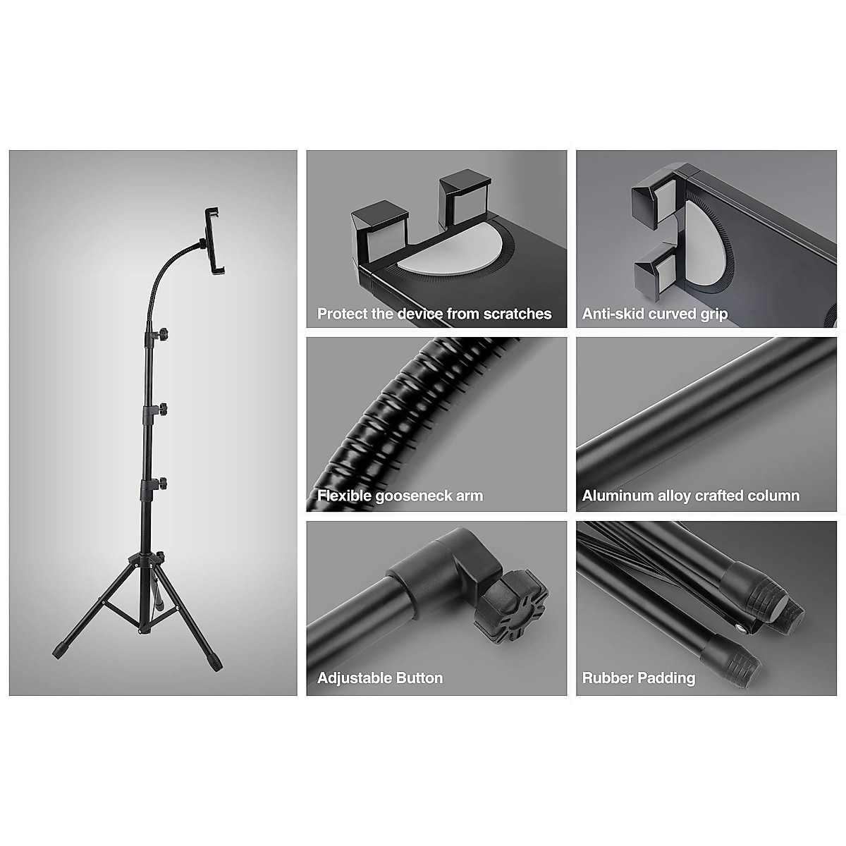 elitehood Tablet Stand Holder, Flexible Gooseneck iPad Tripod Stand Holder for floor, 67’’ Height Adjustable iPad Mount & Cell Phone Holder for 4.7"-12.9" iPhone, iPad Mini Air Pro 11/12.9, Galaxy Tab