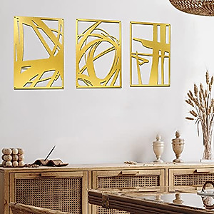 Geelin 3 Pcs Metal Wall Decor 16 x 11 Inch Abstract Metal Wall Art Modern Minimalist Geometric Wall Decor 3D Textured Metal Wall Sculptures for Home Bathroom Living Room Bedroom Dining (Gold)