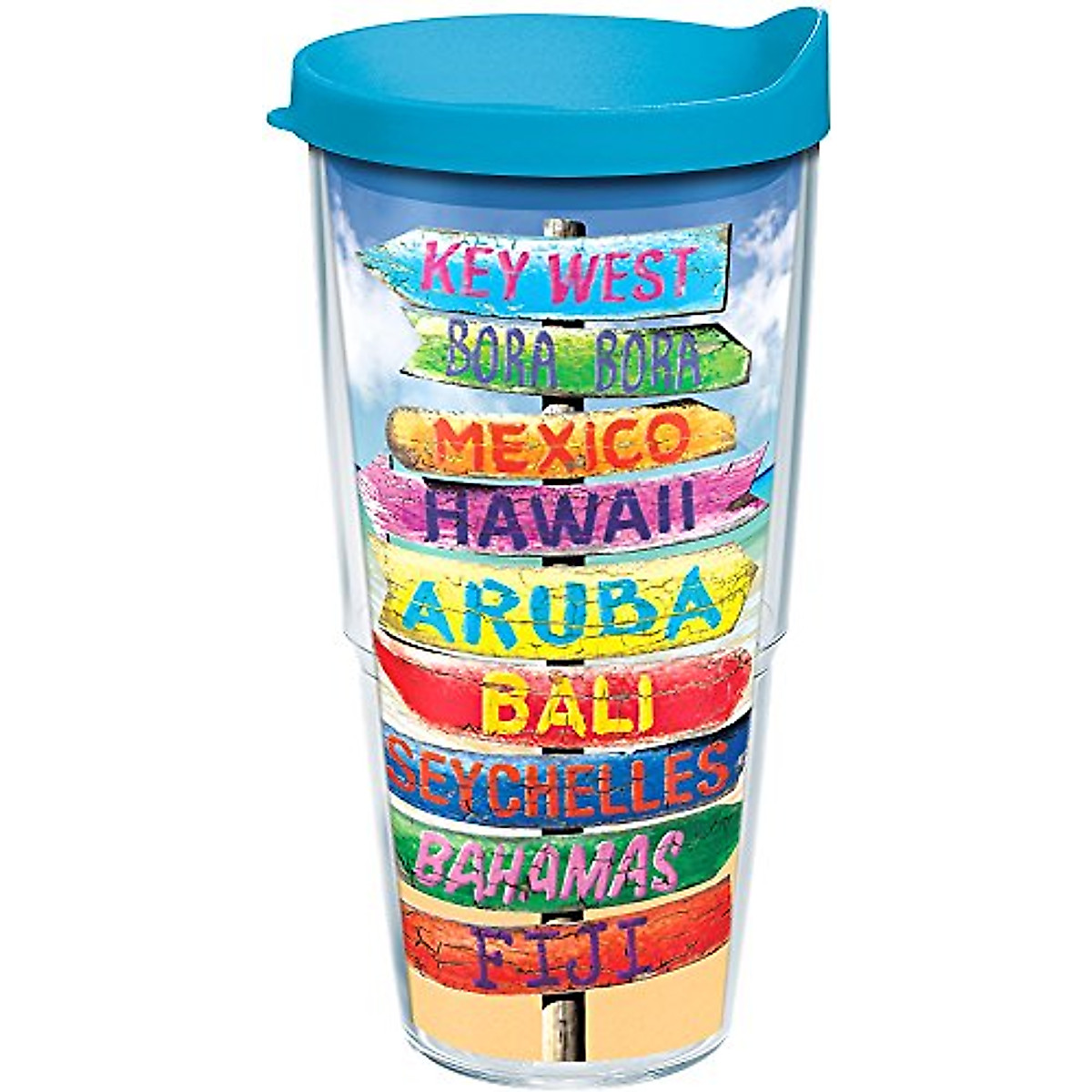 Tervis Tropical Destination Signs Tumbler with Wrap and Turquoise Lid 24oz, Clear