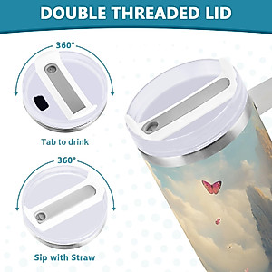 Jihqo Spring Butterflies Landscape 40 oz Stainless Steel Vacuum Insulated Tumbler with Handle and Straw Lid, Leakproof Water Bottle Double Wall Travel Mug Coffee Cup, Cupholder Friendly