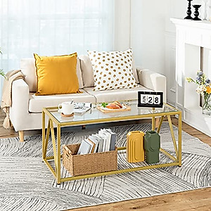 HOOBRO Glass Coffee Table, Gold Coffee Tables for Living Room, 1 Layer Center Table, Open Storage Shelf, Modern, for Apartment, Office, 39.4 x 19.7 x 17.7 Inches, Easy Assembly, Golden GD04KF01