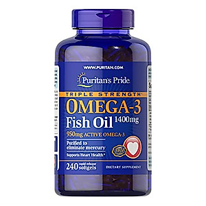 Puritans Pride Triple Strength Omega-3 Fish Oil 1360 Mg (950 Mg Active Omega-3), 240 Count, Package may vary