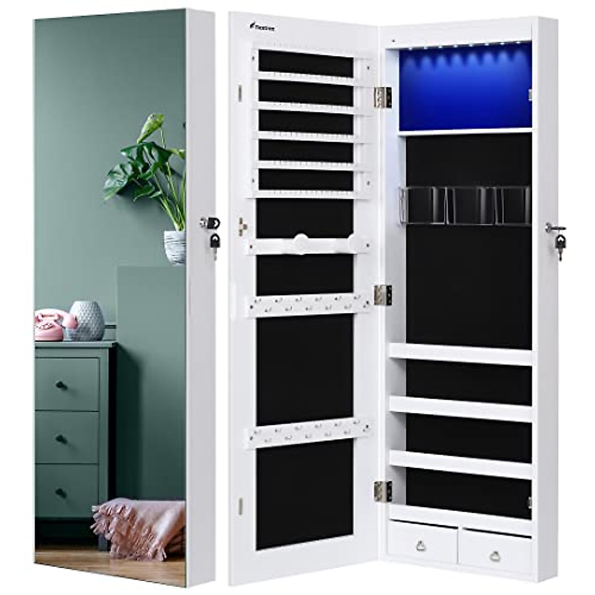 Nicetree 2022 Upgraded Jewelry Armoire with Mirror, Wall/Door Mounted Jewelry Cabinet, Freestanding Mirror with Jewelry Storage