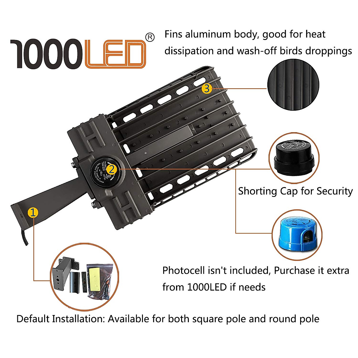 1000LED LED Shoebox Pole Light, 60W (200W Eq.) 8,765Lm, AC110-277V, Arm Mount, Daylight White 5000K, LED Parking Lot Light Outdoor Area Light
