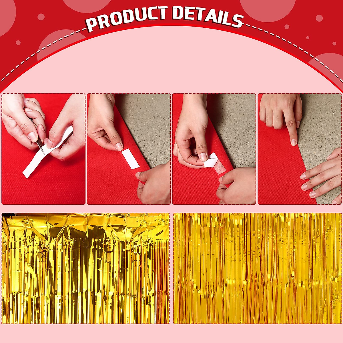 Tegeme Carpet Runner Aisle 2.6 x 30 Feet with Carpet Tape and 4 Pieces of 8.2 x 3.2 Feet Metal Tinsel Tassel Curtains for Halloween Birthday Wedding Party Decoration(Red)