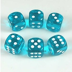 Teal Translucent Dice White Pips D6 16mm Pack of 6 Wondertrail WCX23615E6