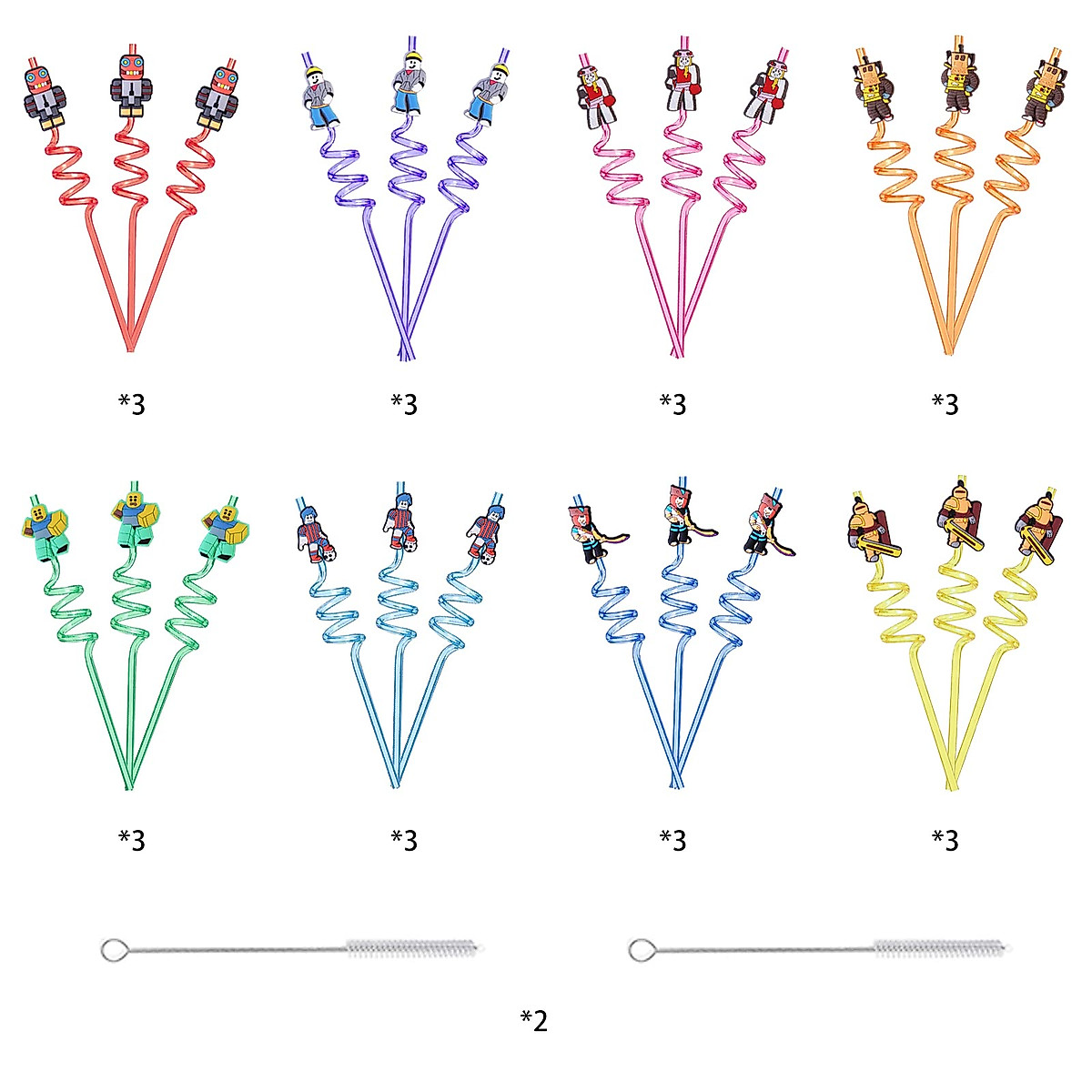 24 Pcs Robot Party Supplies Favors Drinking Straw, Kids Party Favor, Plastic Reusable Loop Drinking Straw with Cute the Characters, 2-Pcs Cleaning Brush