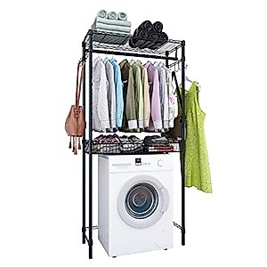 Xiofio Over The Washer and Dryer Storage Shelf 2 Tier Adjustable Height Wire Basket and Side Hook Laundry Shelves Used for Bathroom Bedroom Balcony Drying Rack Towel Rack Handbag Rack ，Black