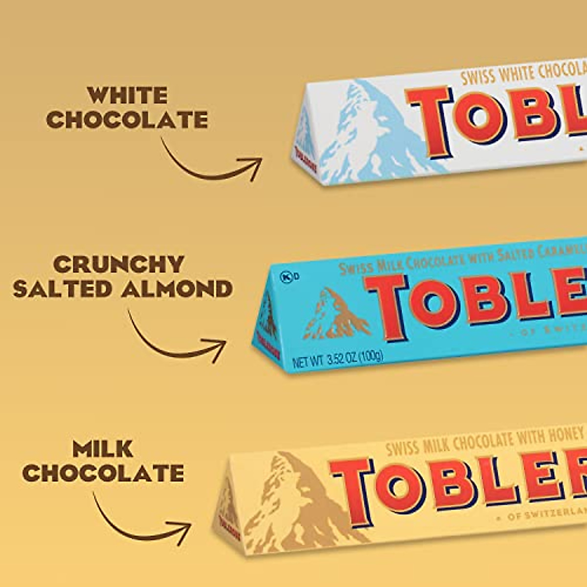 Toblerone Swiss Chocolate Gift Set, Milk Chocolate, White Chocolate & Crunchy Salted Caramelized Almond, 9 - 3.52 oz Bars