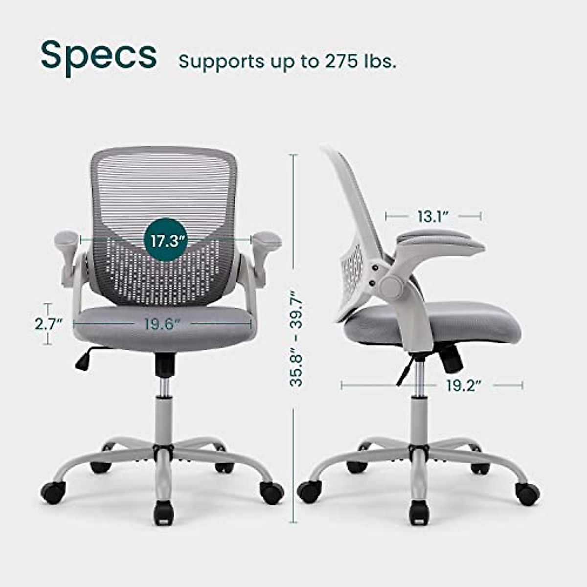 Office Chair, Desk Chairs Mesh Computer Desk Chair with Wheels Ergonomic Office Chair Height Adjustable Swivel Task Chair with Mid Back, 90° Flip-up Arms and Lumbar Support, Grey