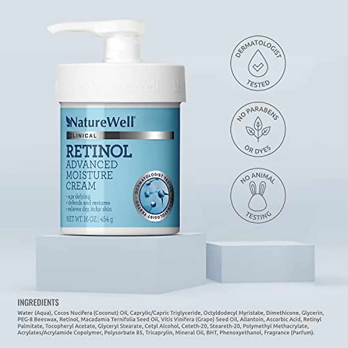 NATURE WELL Clinical Retinol Advanced Moisture Cream for Face, Body, & Hands, Boosts Skin Firmness, Enhances Skin Tone, No Greasy Residue, Includes Pump, 16 Oz
