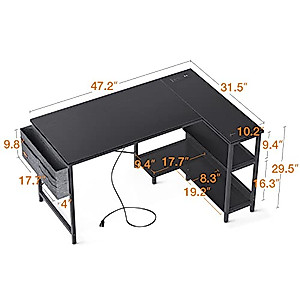 ODK 48 Inch Small L Shaped Gaming Computer Desk with Power Outlets, Reversible Storage Shelves & PC Stand for Home Office, Simple Writing Study Table with Storage Bag for Small Space, Black