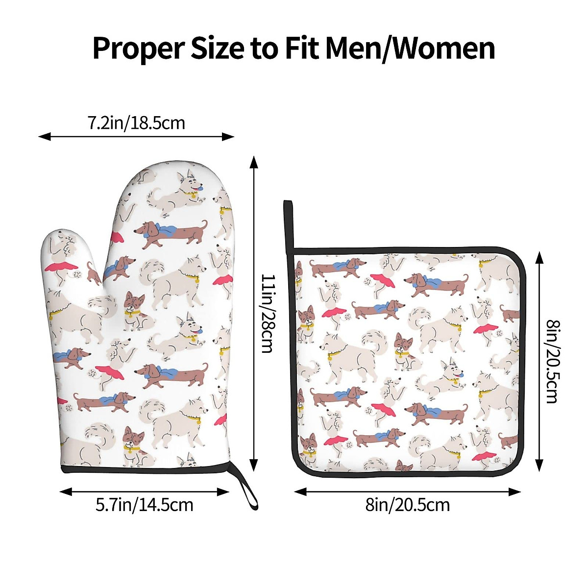 Cute Dog Puppy Oven Mitts and Pot Holders Sets Resistant Hot Pads Potholders Non-Slip Cotton Lining Oven Gloves for Four Seasons Kitchen Baking Cooking Grilling