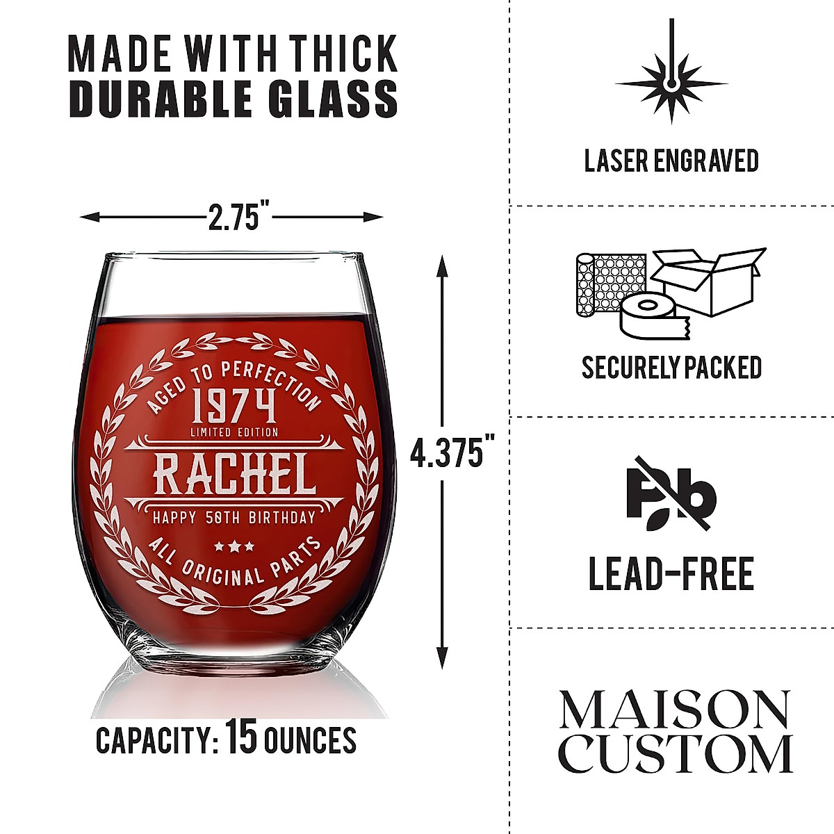 50th Birthday Gifts for Women - Personalized Wine Glass - Funny Novelty 50 Year Old Woman Gift Ideas - 50th Decorations for Her, Wife, Friend - Unique 50th Birthday Present for Her 1974 Gift