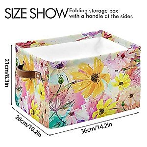 Kigai Colorful Flowers Storage Basket with Handles Collapsible Storage Bins Canvas Fabric Storage Organizer for Shelves Closet Bedroom Living Room 2Pack